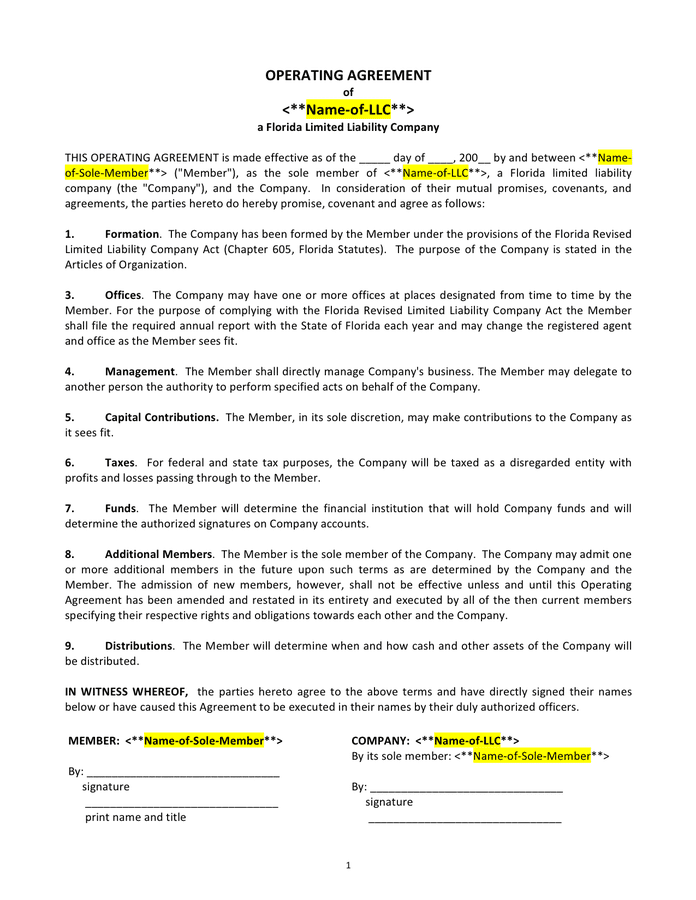 LLC Operating Agreement Template Florida In Word And Pdf Formats