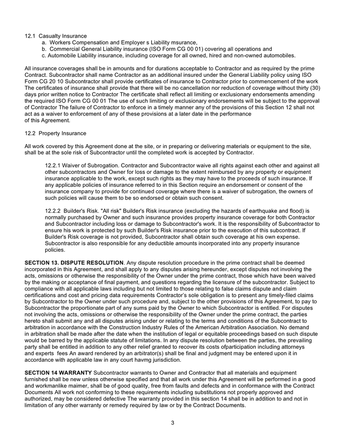 Short form standard subcontract example in Word and Pdf formats - page ...