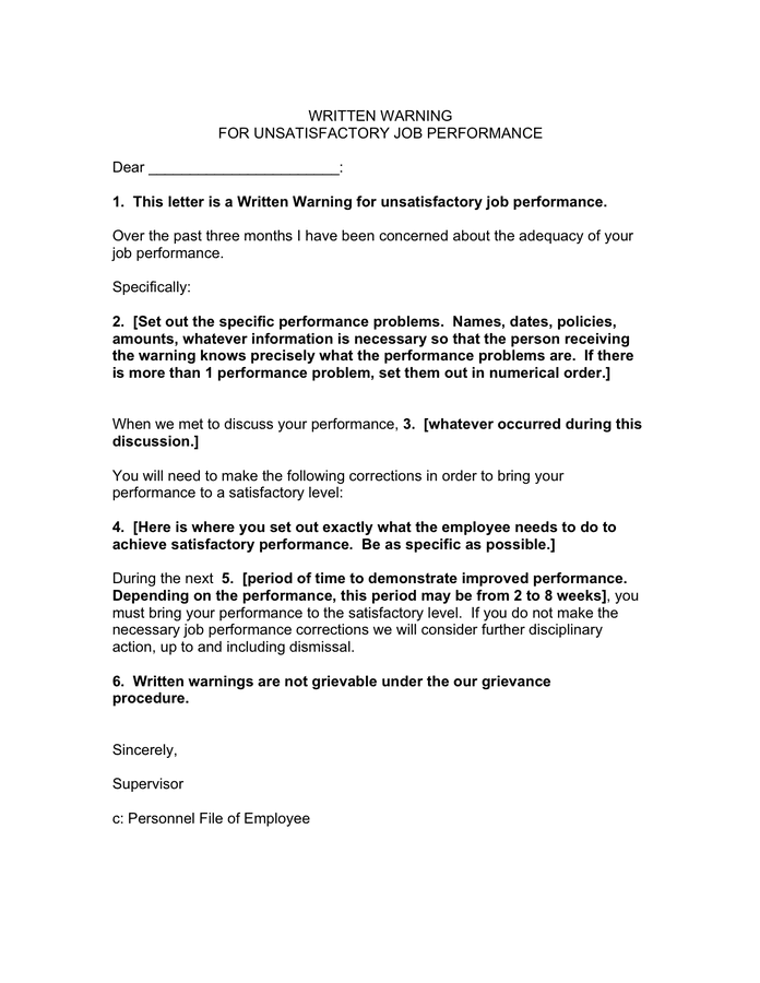 Written Warning For Unsatisfactory Job Performance Template In Word And 