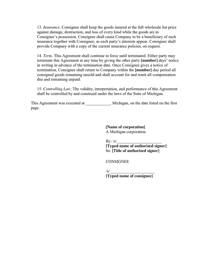 Consignment agreement in Word and Pdf formats - page 3 of 3