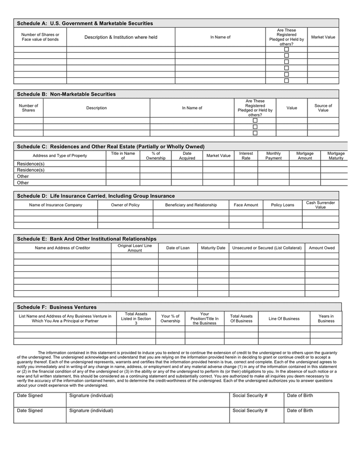 Credit union personal financial statement form in Word and Pdf formats ...
