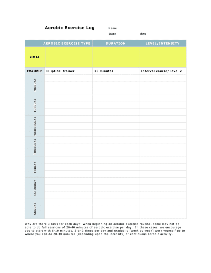 Aerobic exercise log in Word and Pdf formats