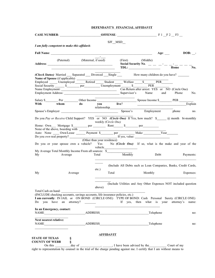 Financial Affidavit - download free documents for PDF, Word and Excel