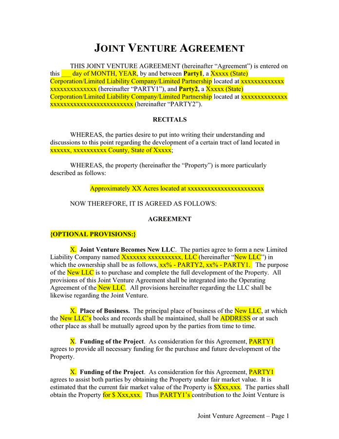 Joint Venture Agreement Example In Word And Pdf Formats