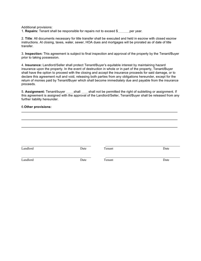 Residential lease - purchase agreement in Word and Pdf formats - page 2 ...