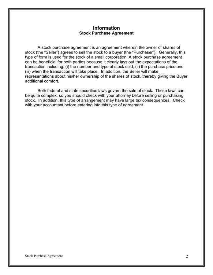 Stock Purchase Agreement in Word and Pdf formats - page 2 of 5