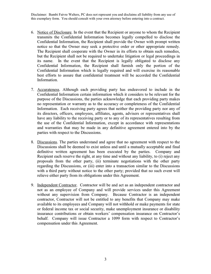 Reciprocal confidentiality agreement in Word and Pdf formats - page 3 of 7