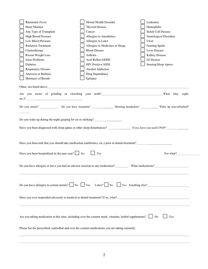 Patient registration and medical history form in Word and Pdf formats ...