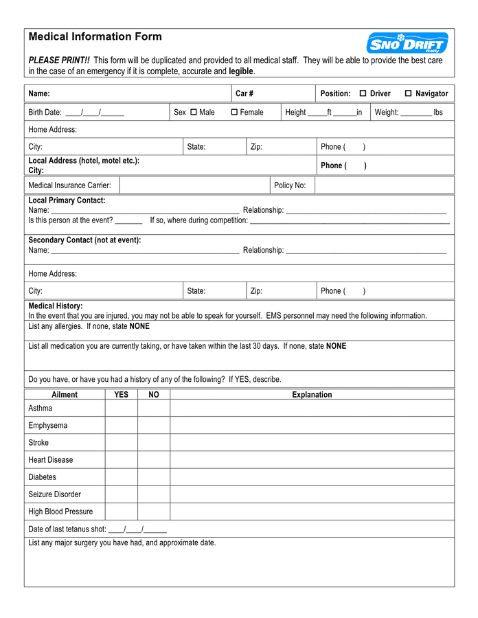 Medical information form in Word and Pdf formats