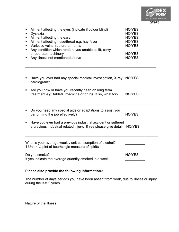 Medical questionnaire sample in Word and Pdf formats - page 2 of 3