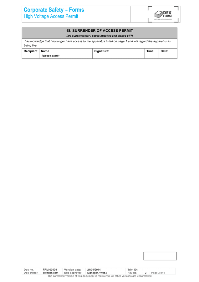 High voltage access permit form in Word and Pdf formats - page 3 of 4