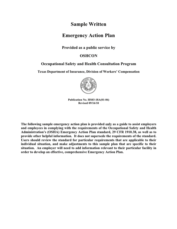 Sample written emergency action plan in Word and Pdf formats