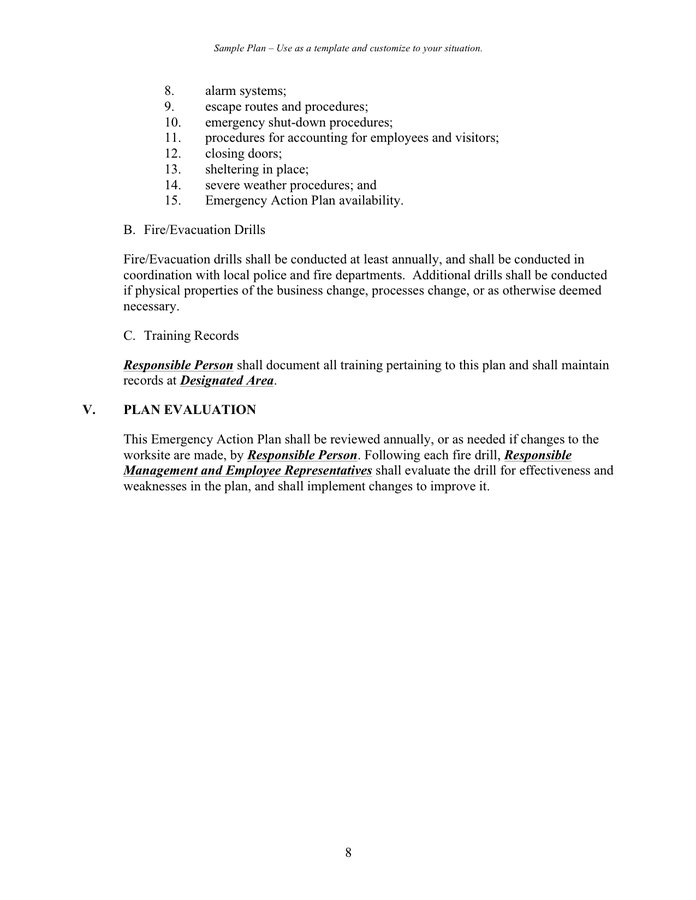 Sample written emergency action plan in Word and Pdf formats - page 9 of 9