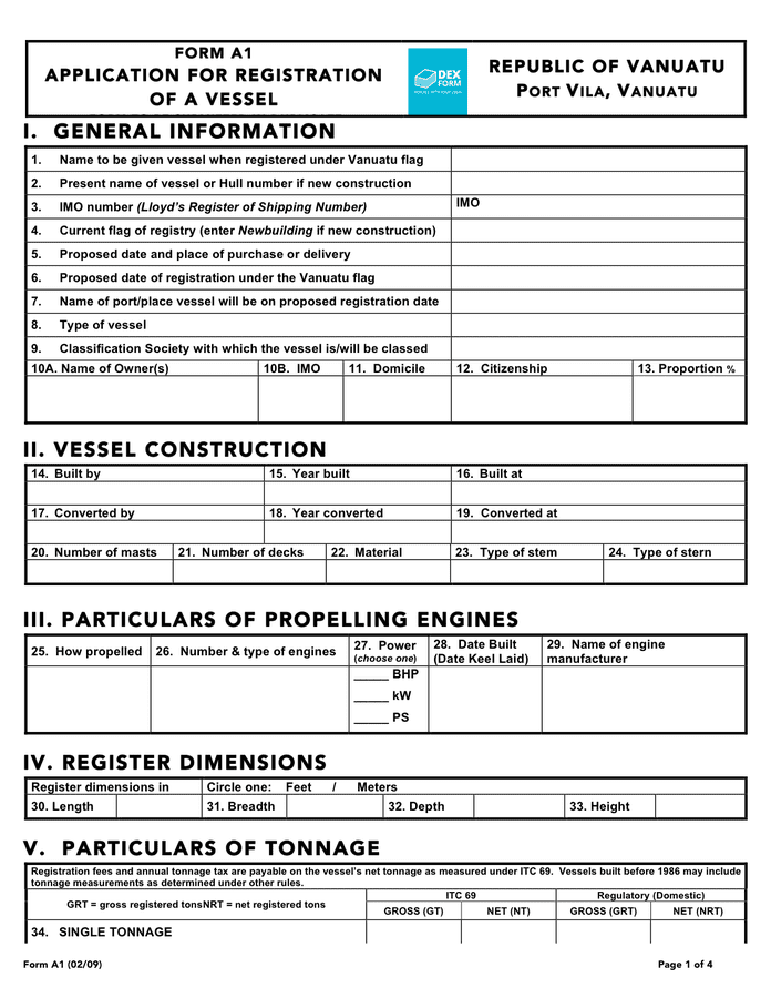 Application for registration of a vessel in Word and Pdf formats