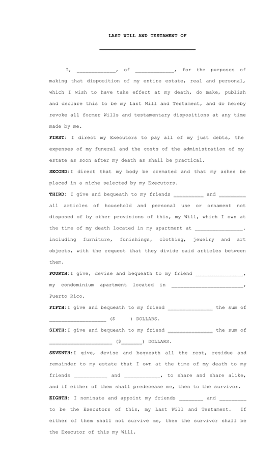 Last will and testament form in Word and Pdf formats