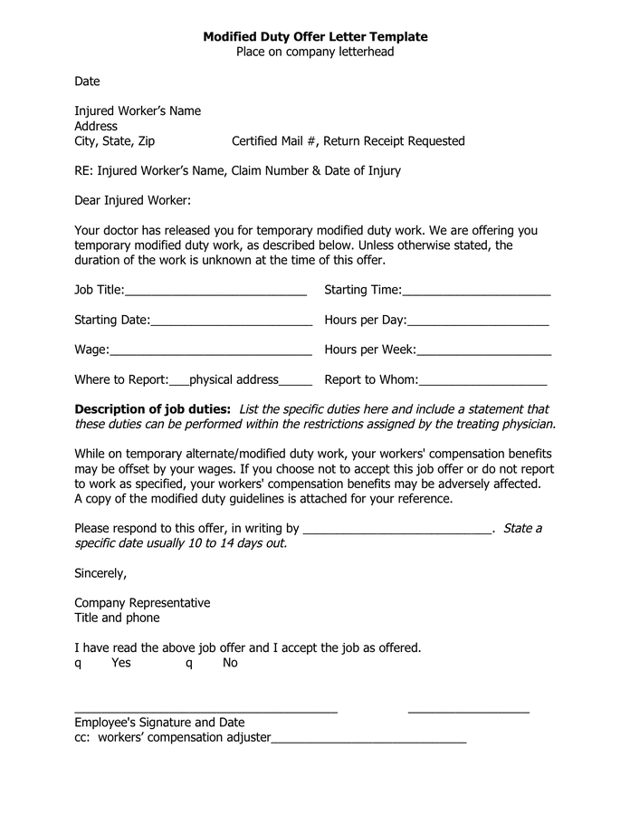 Modified Duty Offer Letter Template In Word And Pdf Formats