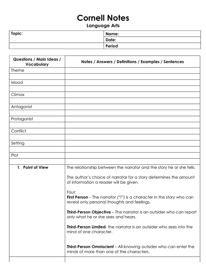 Cornell notes template in Word and Pdf formats