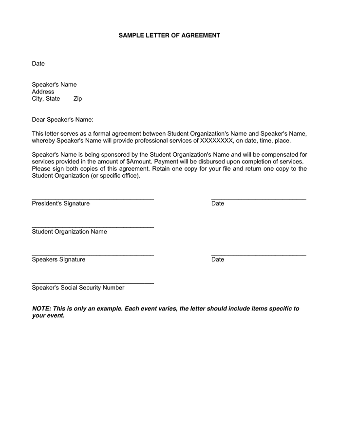 letter of agreement in Word and Pdf formats