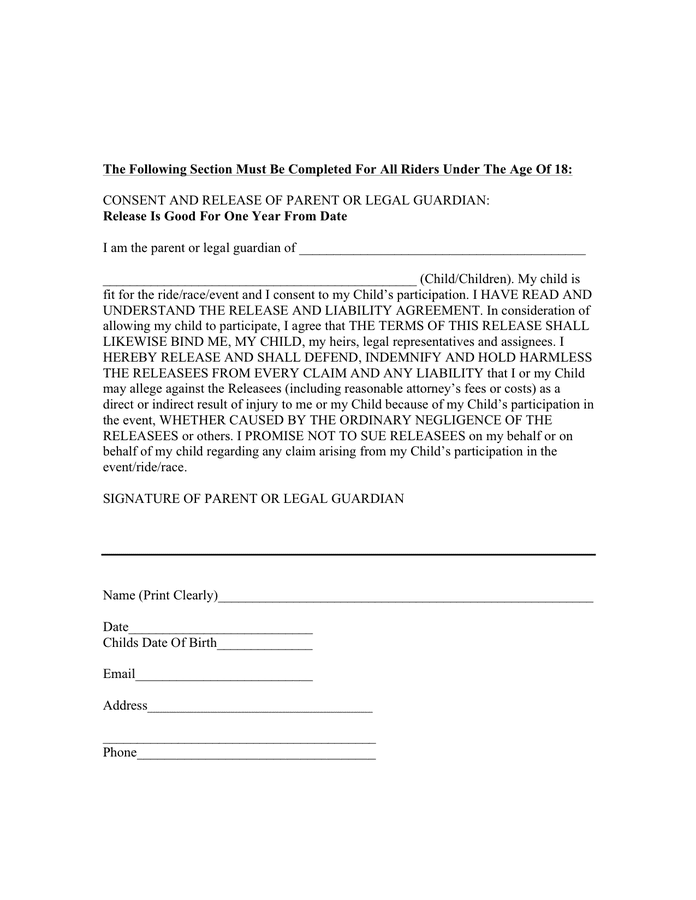 Rider realease of liabilty form in Word and Pdf formats - page 3 of 4