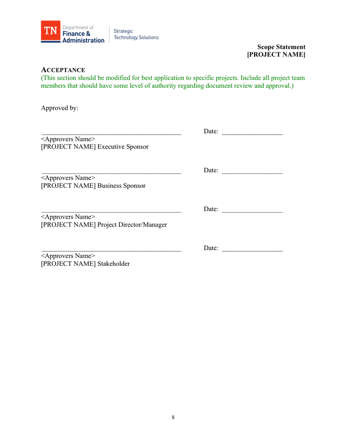 Scope statement template in Word and Pdf formats - page 10 of 10