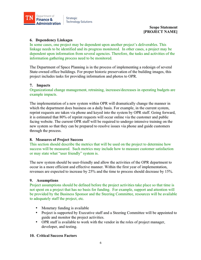 Scope statement template in Word and Pdf formats - page 8 of 10