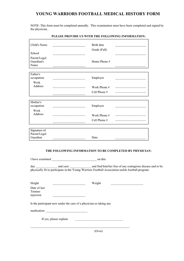 Footbal medical history form in Word and Pdf formats