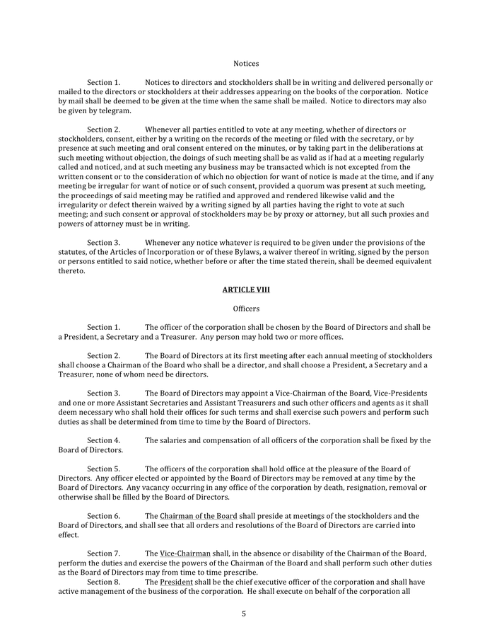 Corporate Bylaws Template Delaware In Word And Pdf Formats Page 5 Of 9