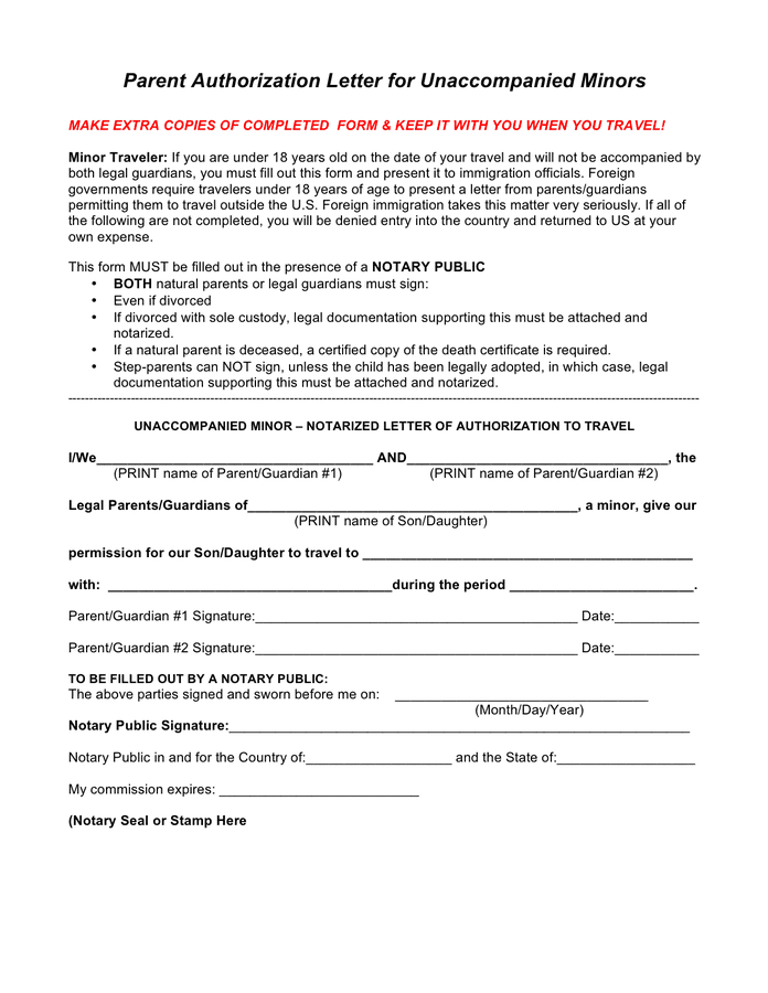 Parent Authorization Letter Sample For Unaccompanied Minors In Word And 