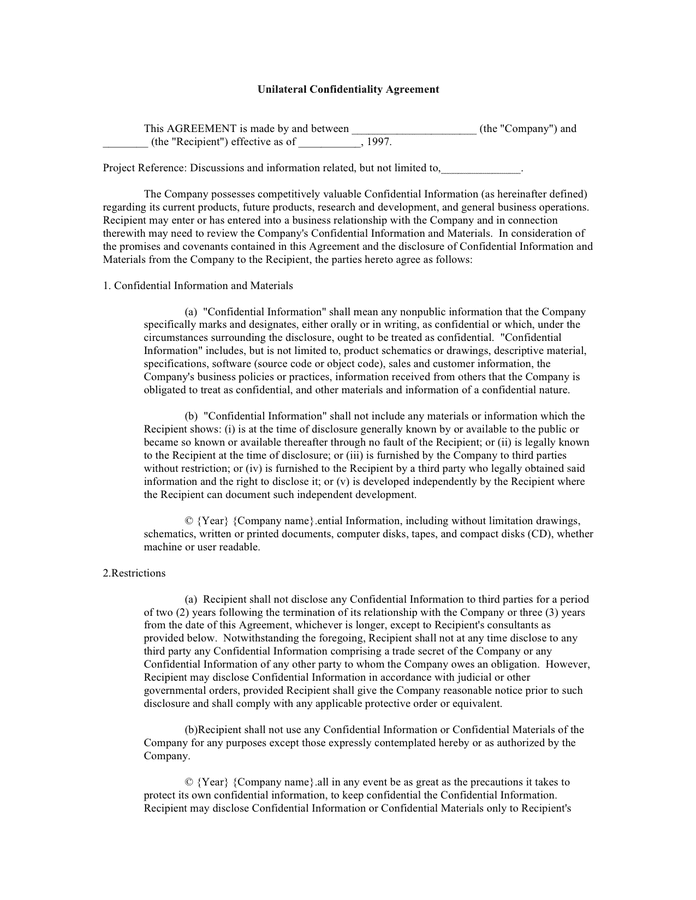 Unilateral confidentiality agreement in Word and Pdf formats