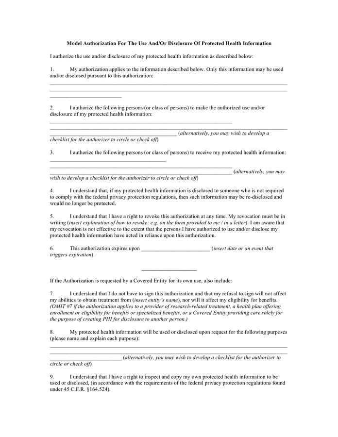 Health information model authorization form in Word and Pdf formats