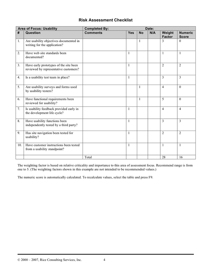 Sample risk assessment forms in Word and Pdf formats - page 4 of 9