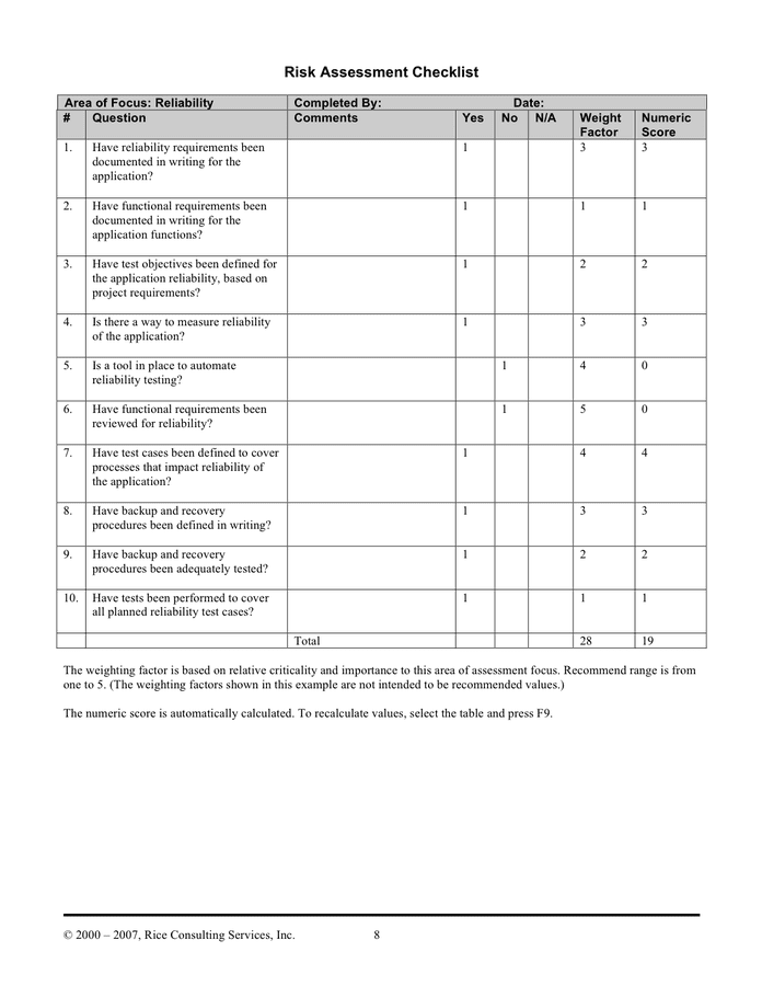 Sample risk assessment forms in Word and Pdf formats - page 8 of 9