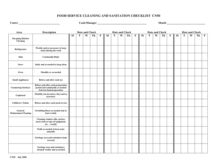 Food Service Cleaning And Sanitation Checklist In Word And Pdf Formats Food Service Cleaning And Sanitation Checklist In Word And Pdf Formats