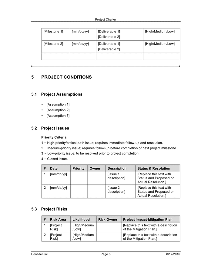 Project charter document sample in Word and Pdf formats - page 5 of 8