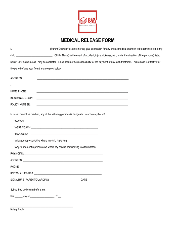 Soccer medical release form in Word and Pdf formats
