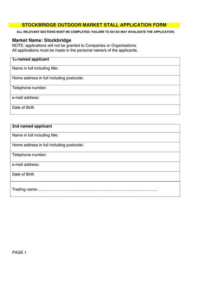 Market Stall Application Form Template - Form example download