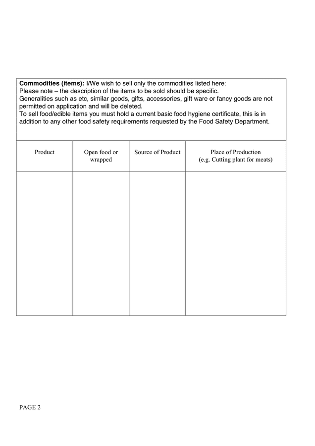 Outdoor market stall application form in Word and Pdf formats - page 2 of 6