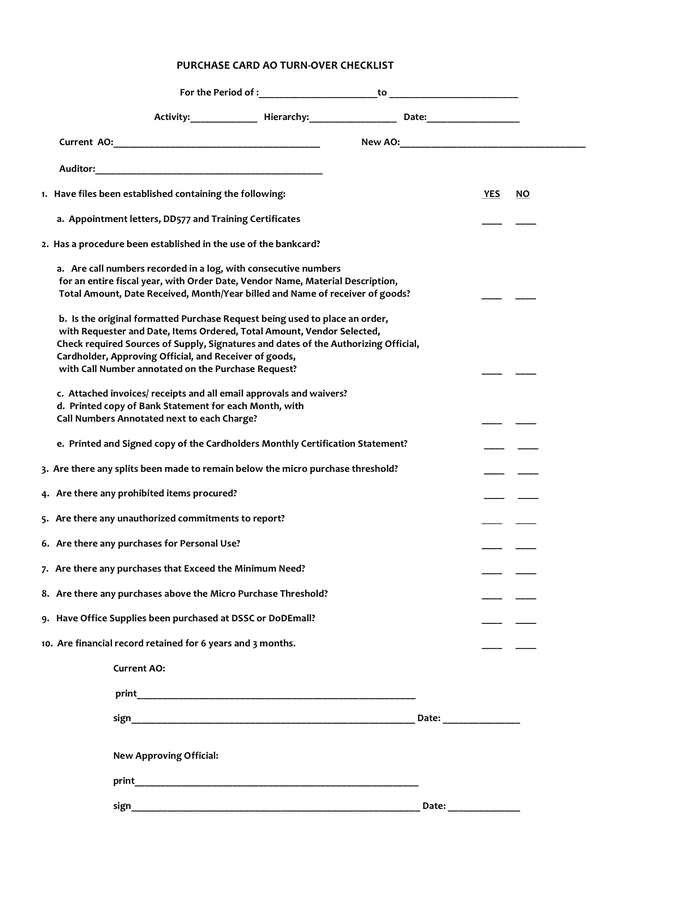 Purchase card turn-over checklist in Word and Pdf formats