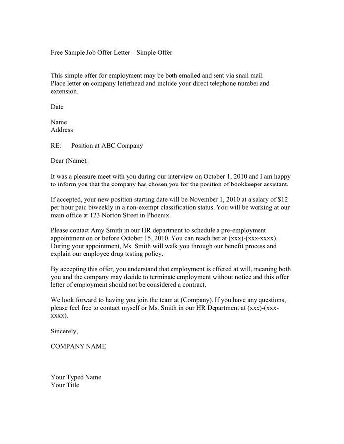 Job Offer Letter Sample In Word And Pdf Formats