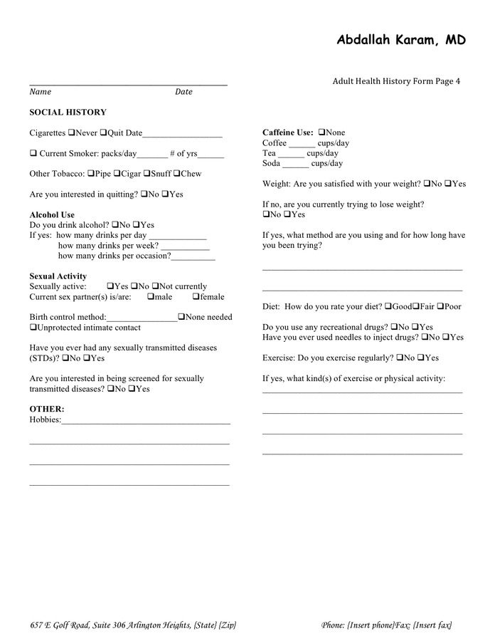 Medical health history form sample in Word and Pdf formats - page 4 of 5