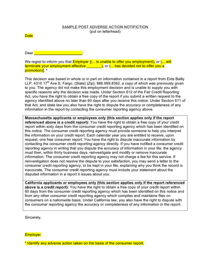 Sample post adverse action notifiction in Word and Pdf formats