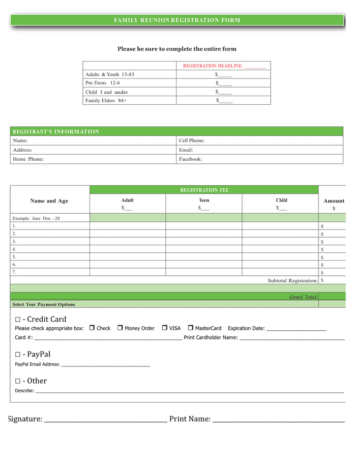 Reunion Registration Form Template Word