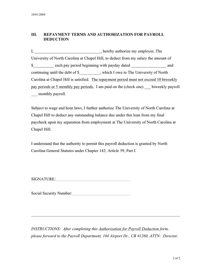 Authorization For Payroll Deduction Form In Word And Pdf Formats Page 