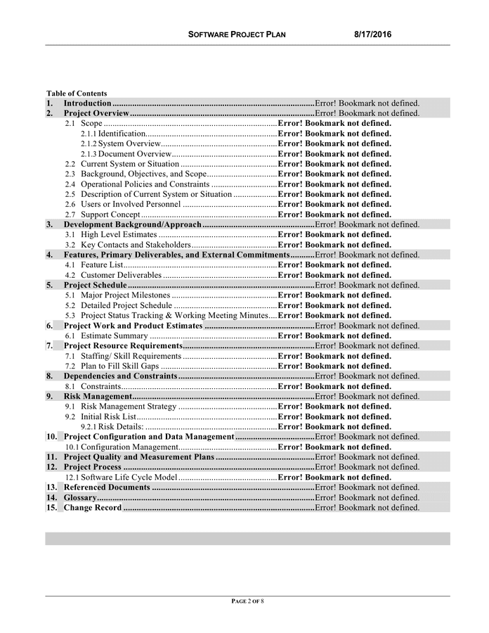 Software project plan template in Word and Pdf formats - page 2 of 8