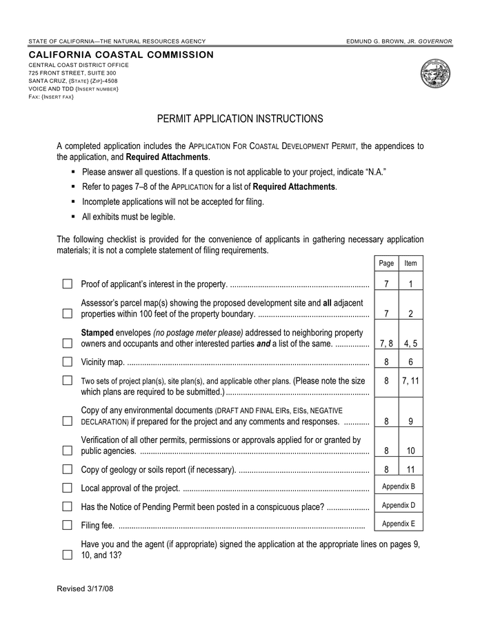 Application for coastal development permit (California) in Word and Pdf formats