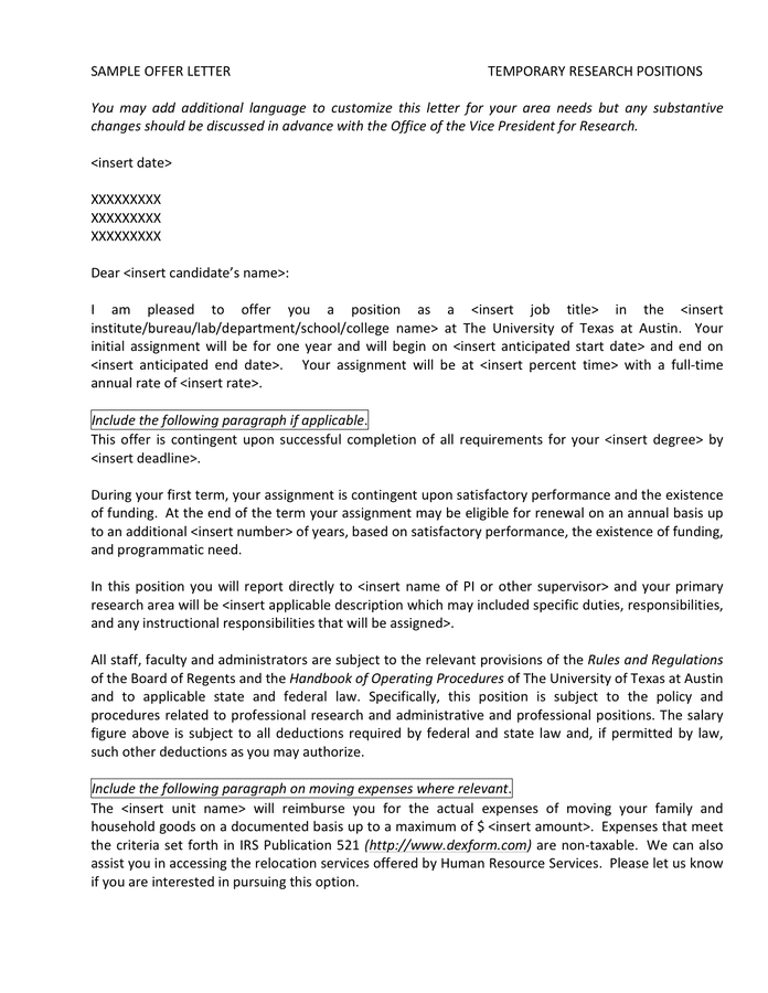 Sample offer letter for research positions in Word and Pdf formats ...