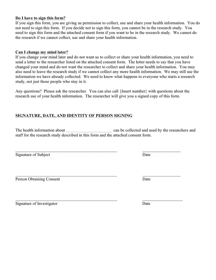 Authorization To Share Personal Health Information In Research in Word ...