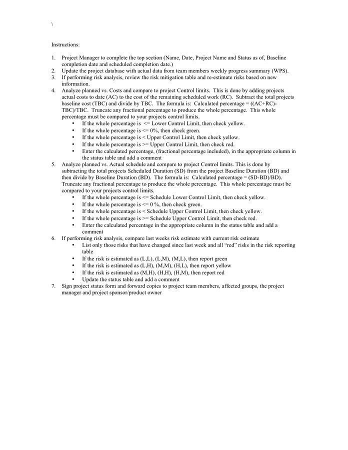 Project Status Form in Word and Pdf formats - page 2 of 2