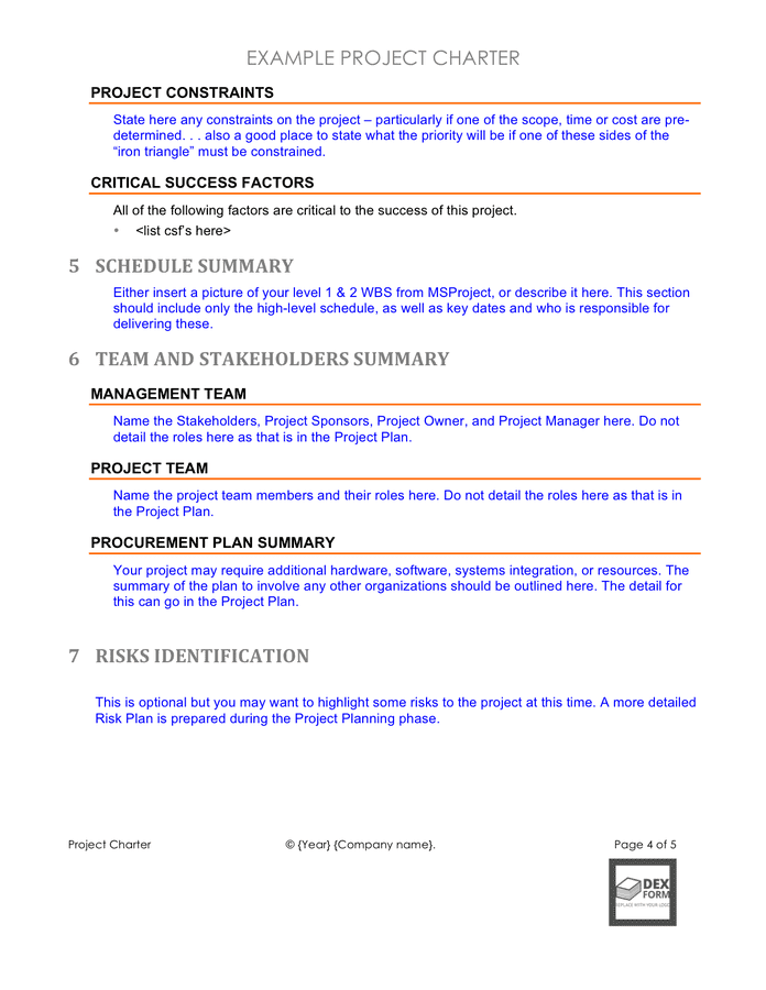 Example project charter in Word and Pdf formats - page 4 of 5