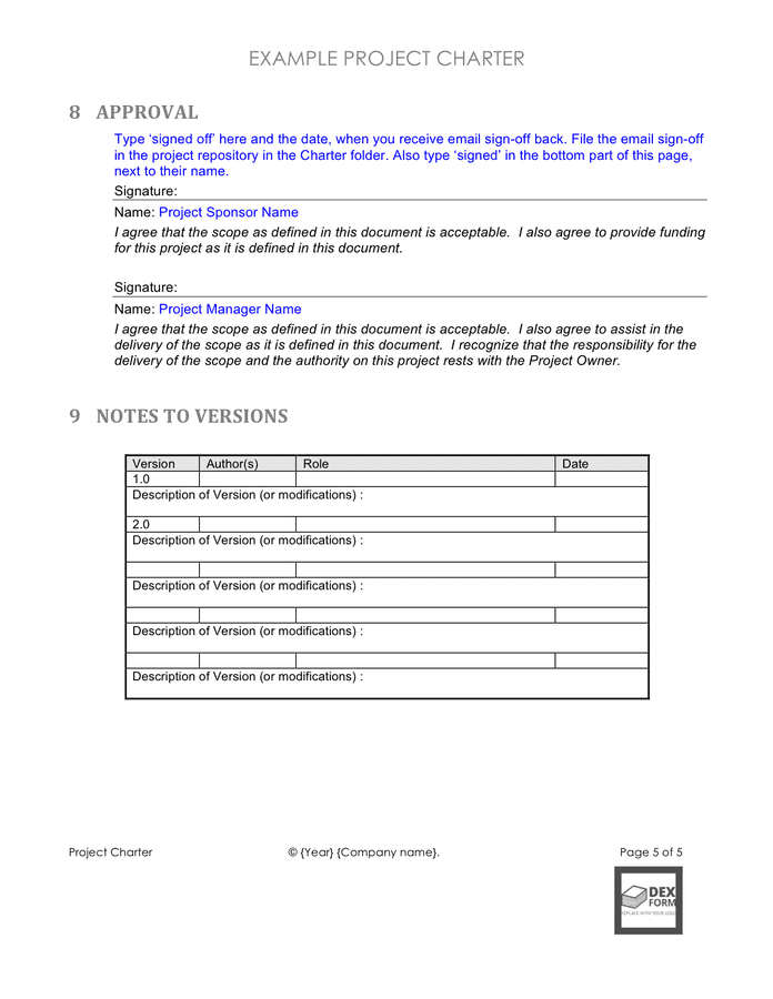 Example project charter in Word and Pdf formats - page 5 of 5
